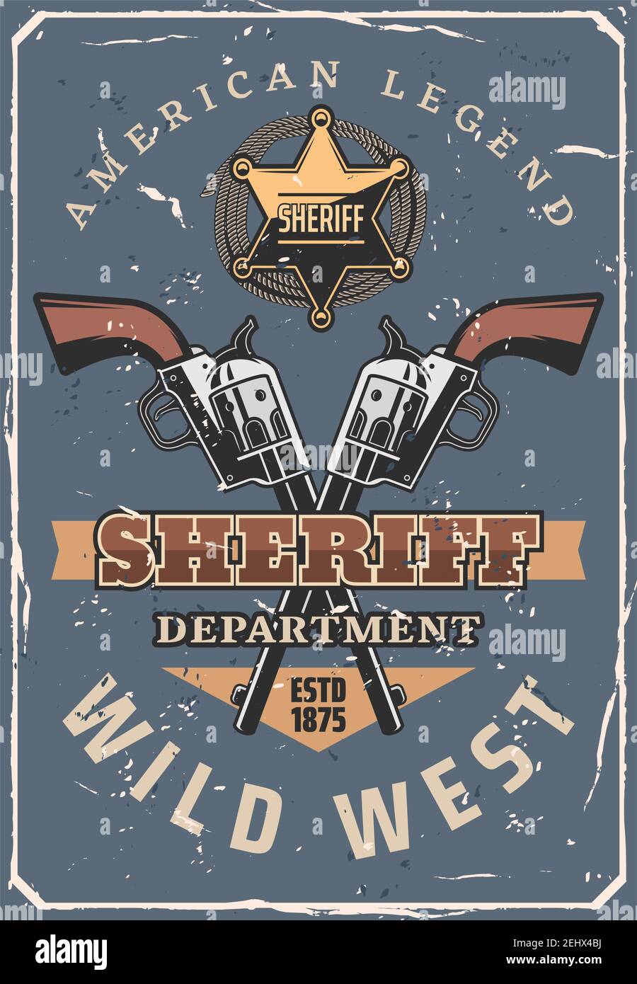 Wild West sheriff crossed guns, vintage cowboy hat and lasso, American ...
