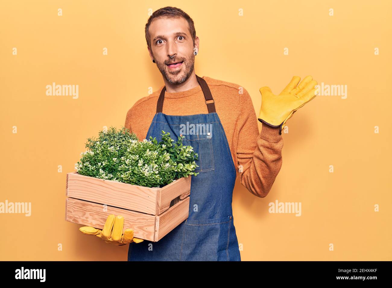 Young handsome man wearing gardener apron and gloves holding plant ...