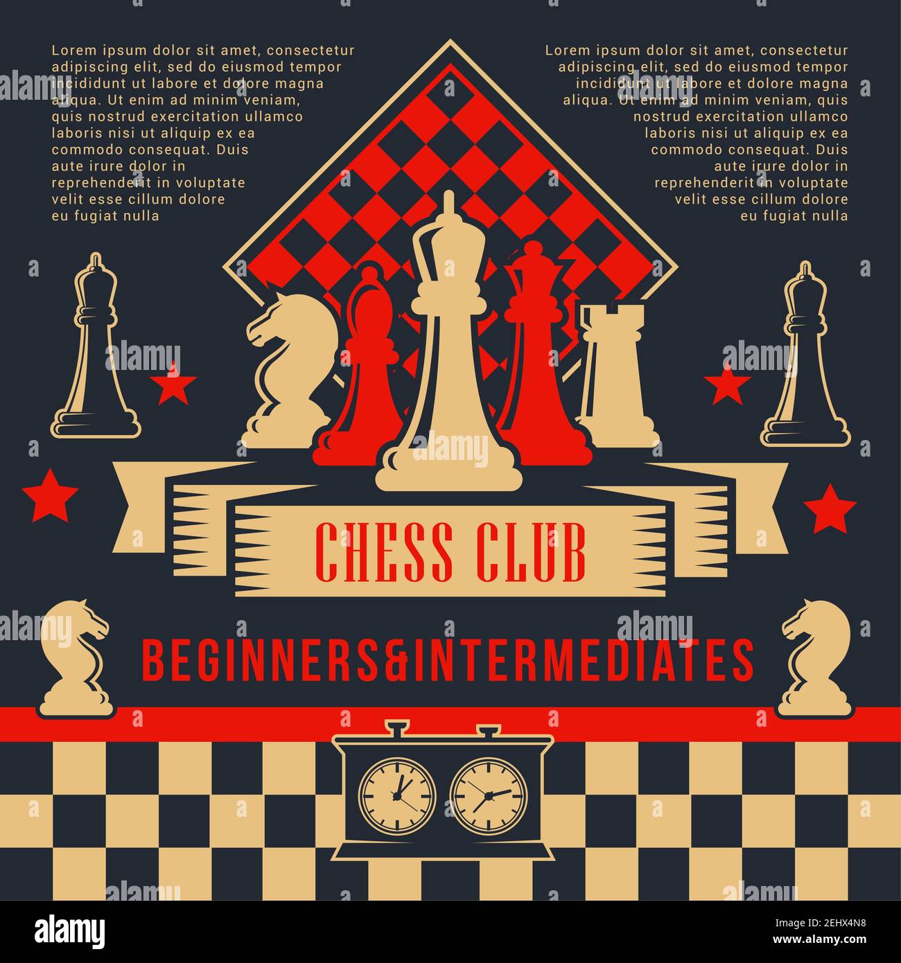 Chess board game sport club poster with vector pieces and chessboard ...