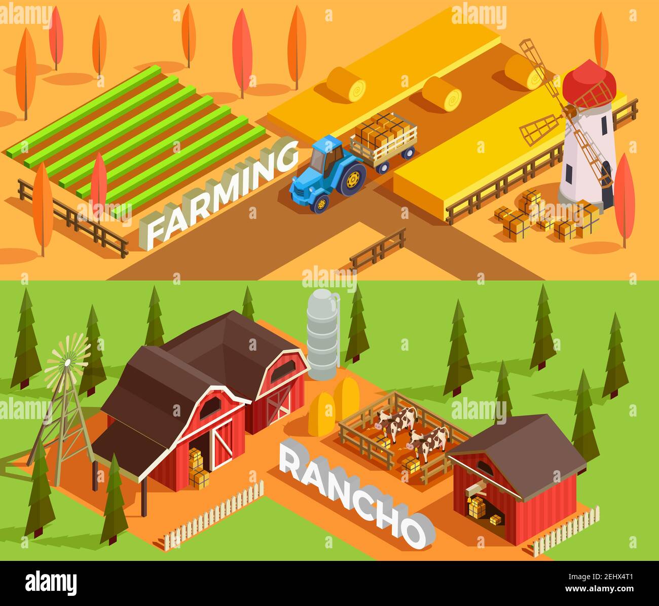 Isometric horizontal farm banners with farmhouses agricultural vehicles ...