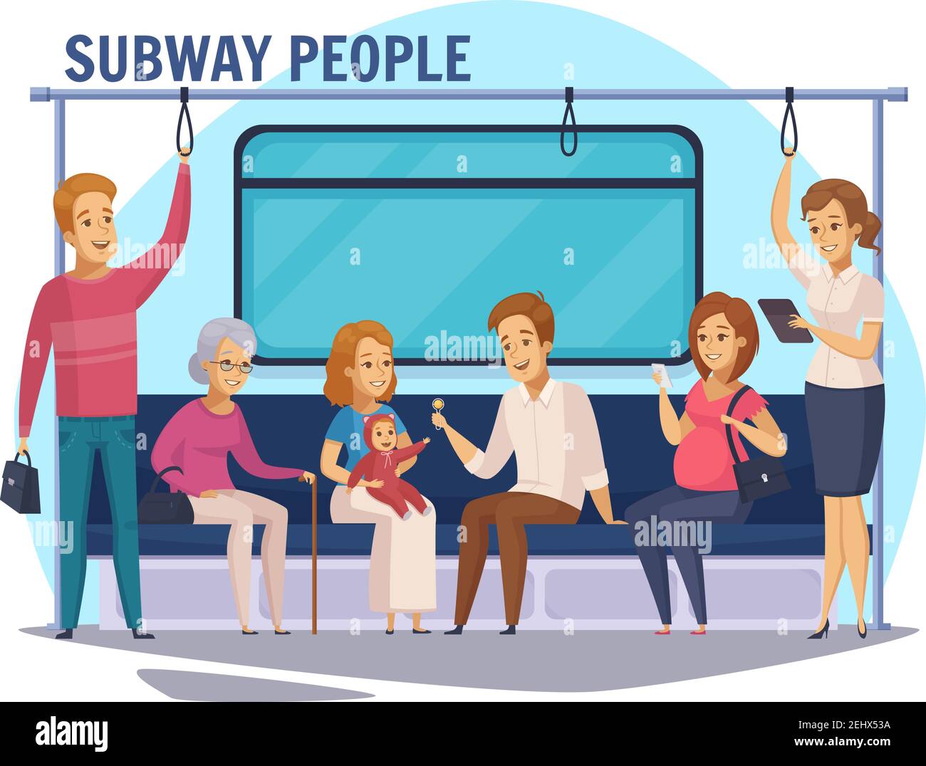 Subway commuters sitting and standing in underground train with family ...