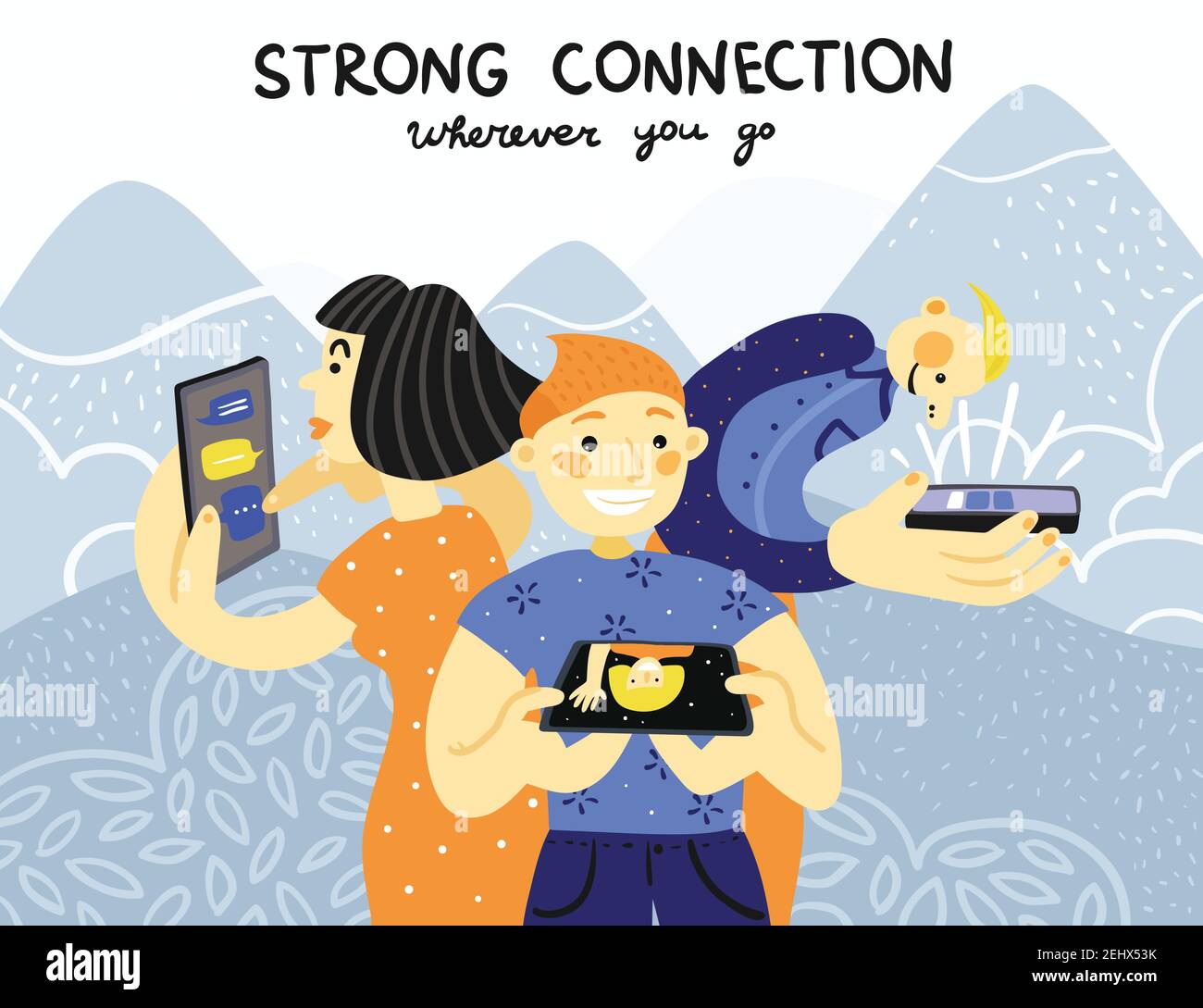 Mobile phones strong connection advertising poster with people and ...
