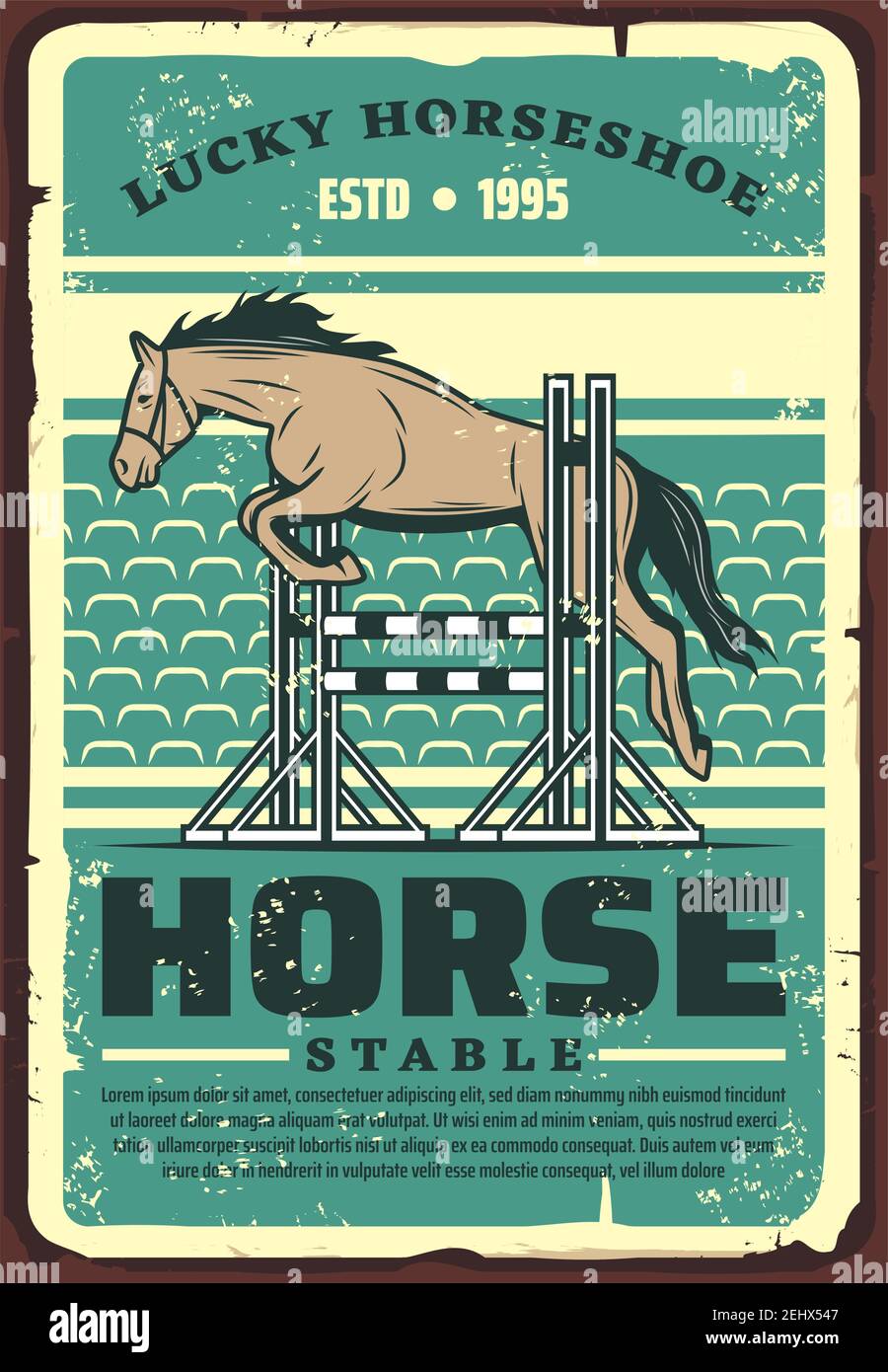 Equestrian sport dressage show jumping retro poster with horse leaping ...