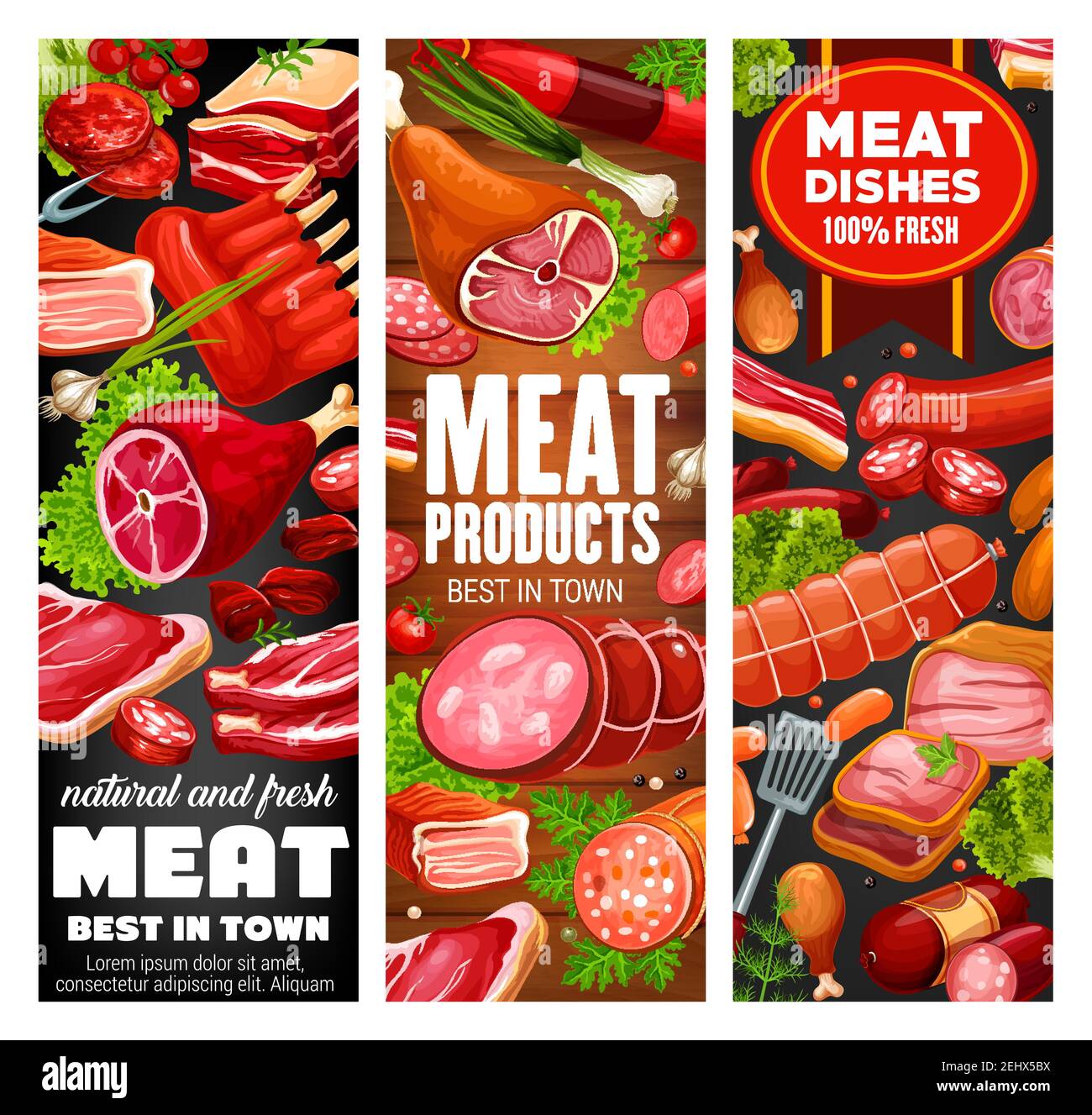 Sausage and meat food products with beef steak, pork loin and ham ...