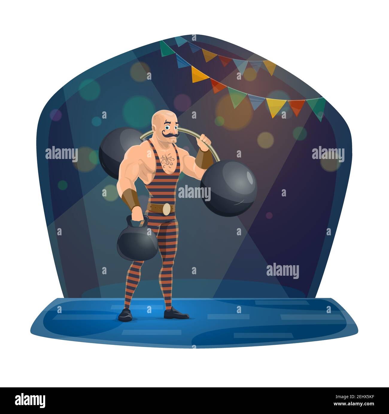 Chapiteau circus, athlete with dumbell and barbell. Vector man, strong ...
