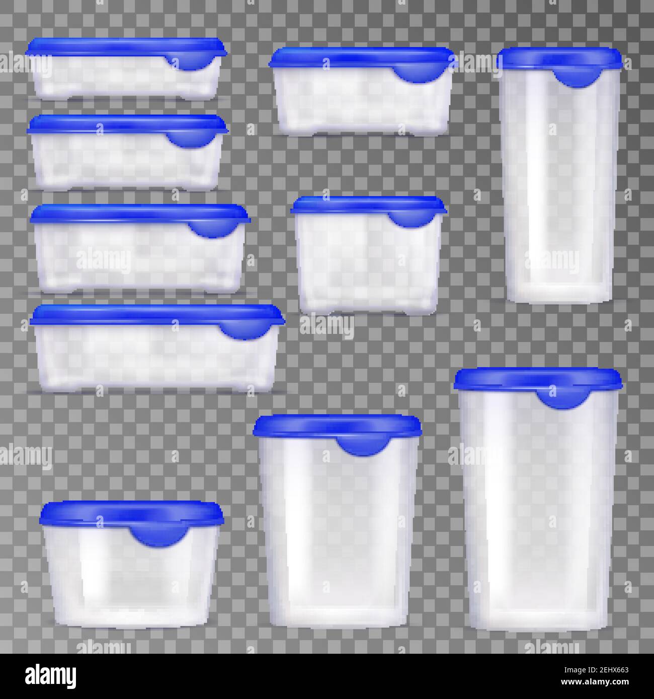 Colored and realistic plastic food containers icon set with blue cap on ...