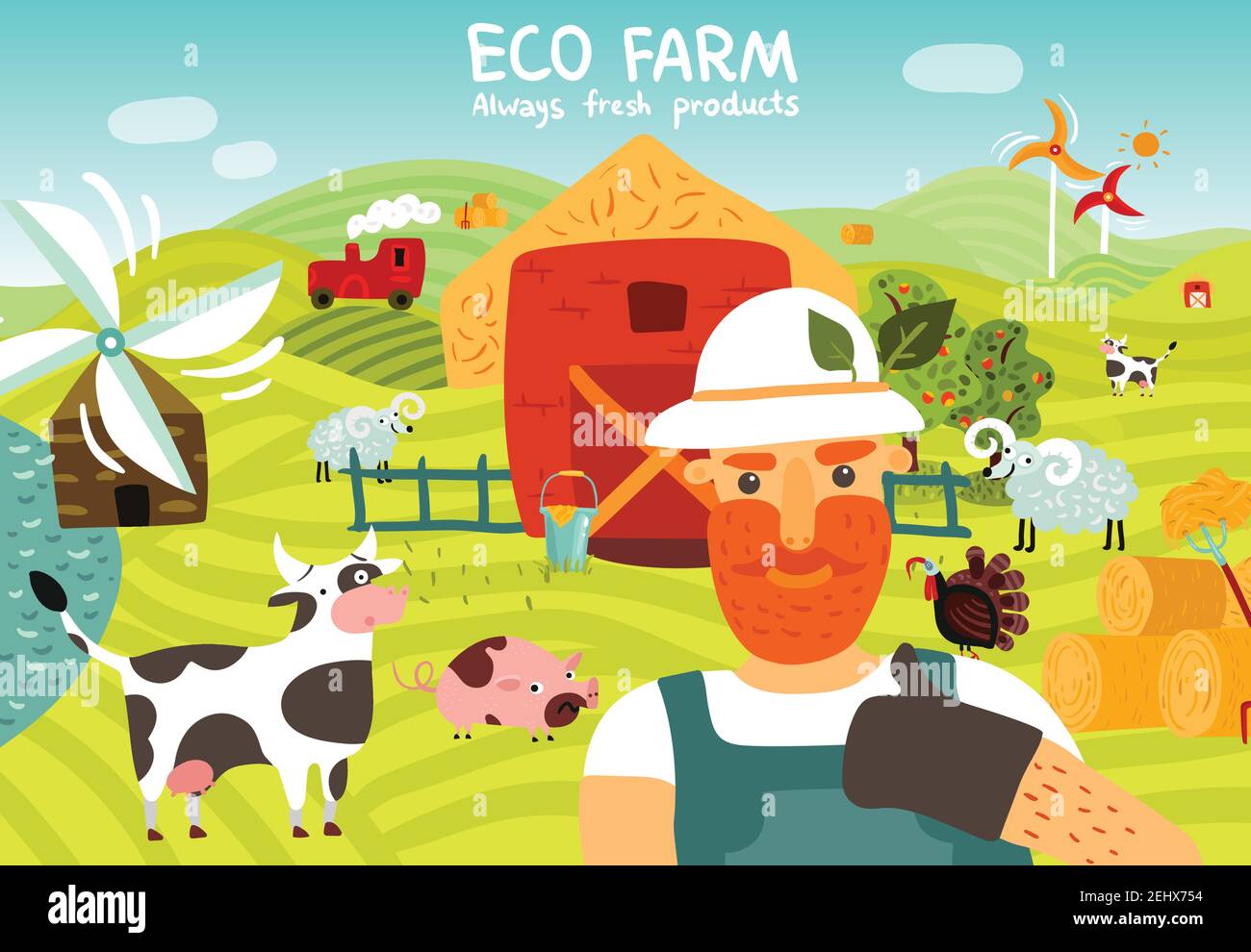 Eco farm composition with worker, barn, windmills, garden, domestic ...