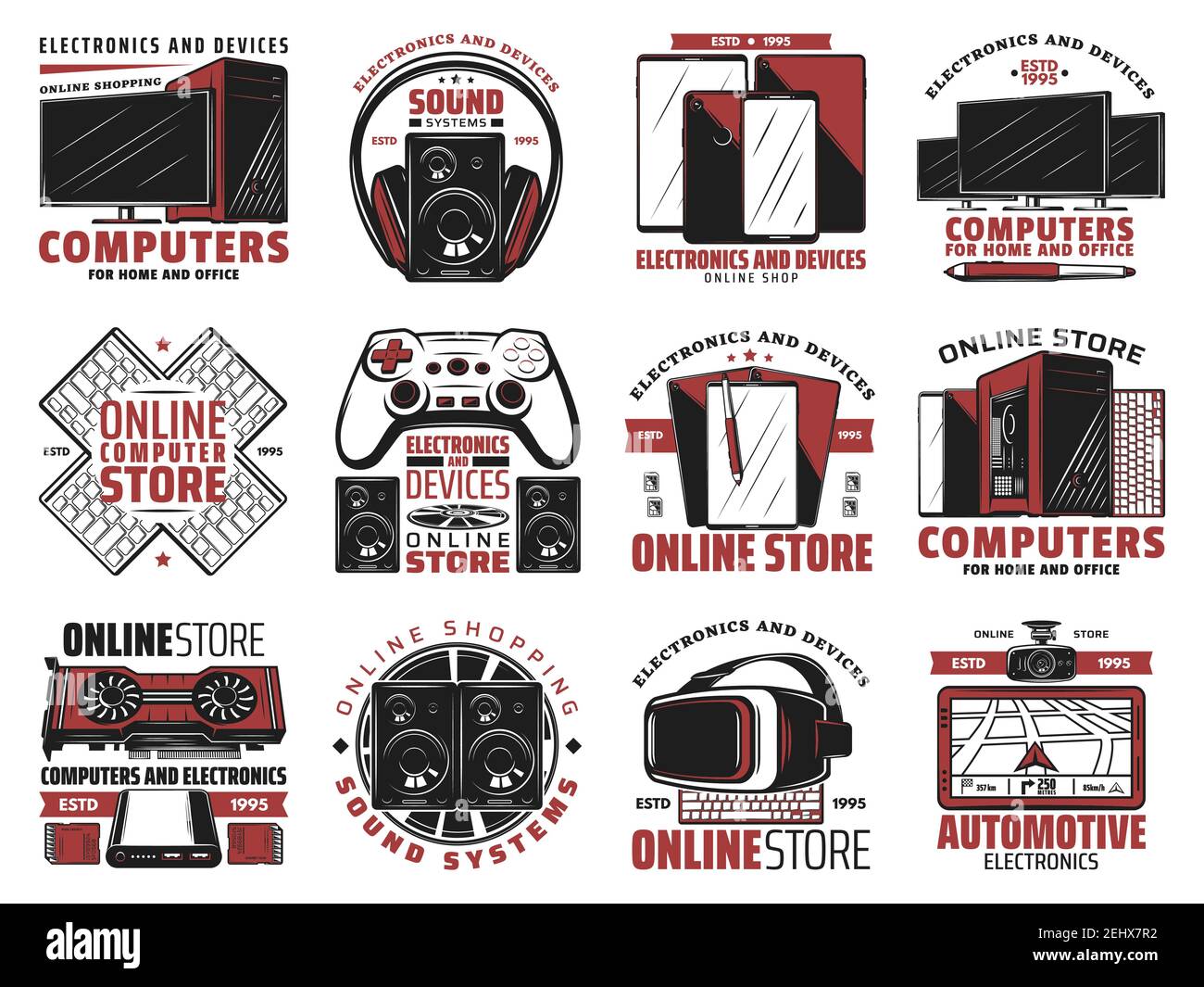 Online electronics store icons. Computer and headphones, speaker and ...
