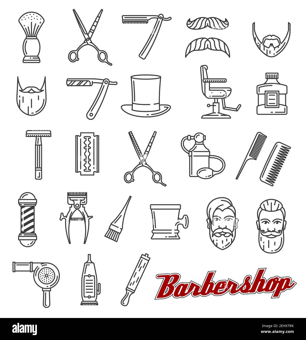 Barbershop outline line art icons. Beard and mustache, barber tools ...