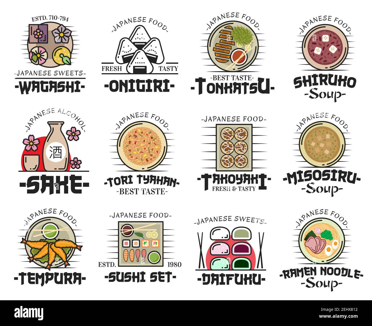 Japanese food icons with thin line dishes of sushi, roll, nigiri and ...