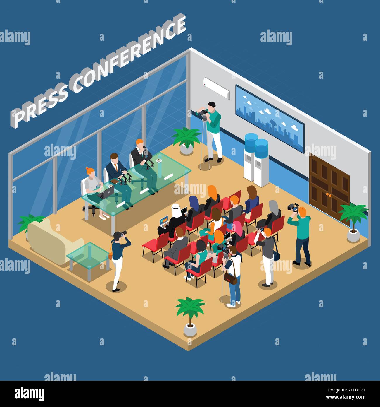 Press conference isometric composition with speakers and auditorium ...
