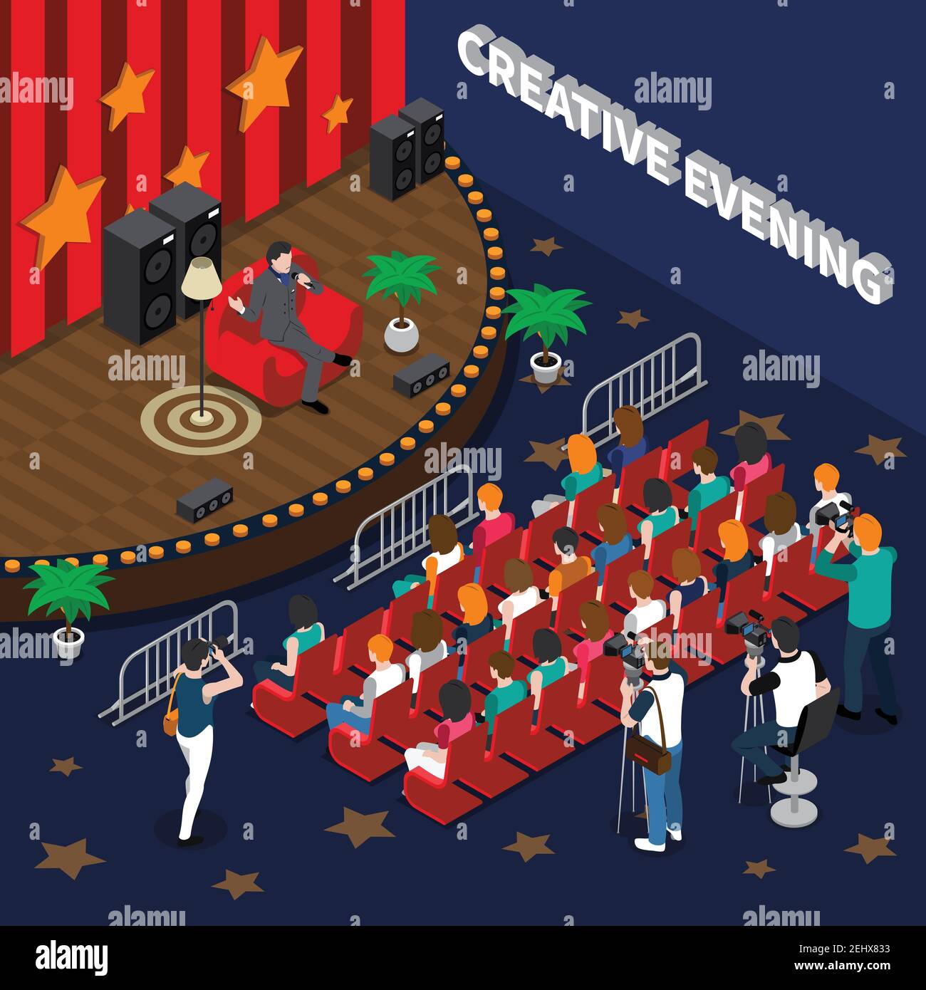 Creative evening isometric composition including artist with microphone ...