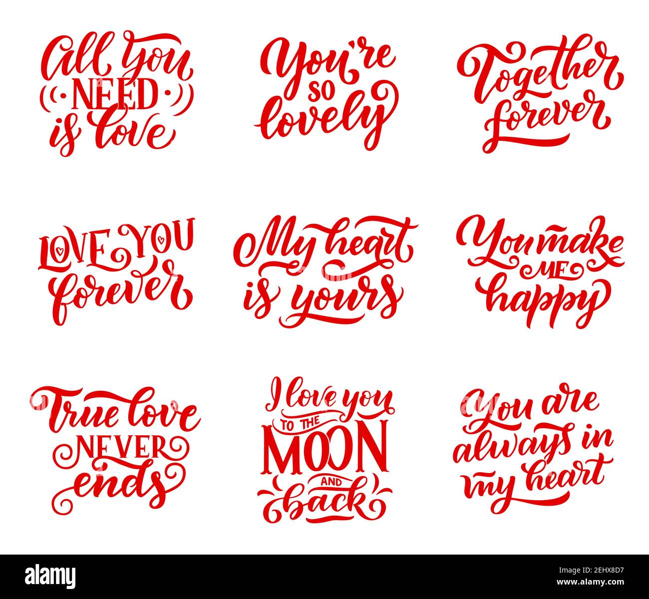 Happy Valentines Day and declaration of love hand drawn calligraphy ...