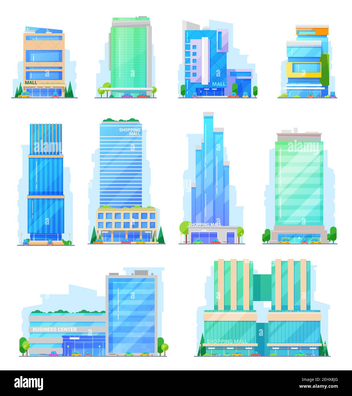 Shopping mall glass multi-storey buildings, store and mart vector icons ...