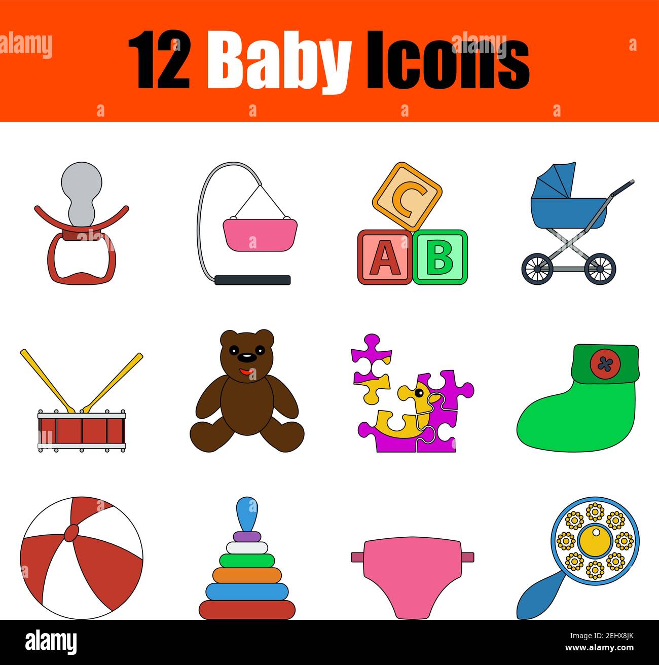 Baby Icon Set. Flat Color Outline Design With Editable Stroke. Vector ...