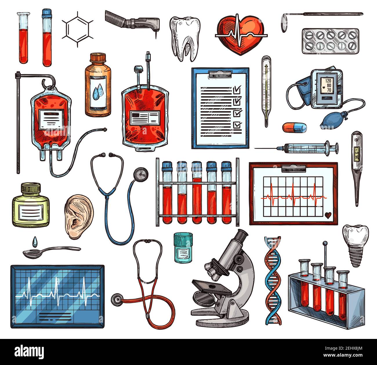 Medical diagnostics and laboratory equipment, vector sketch icons ...