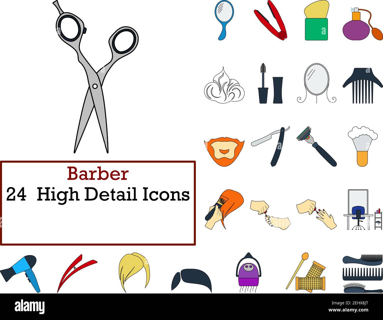 Barber Icon Set. Flat Color Outline Design With Editable Stroke. Vector ...