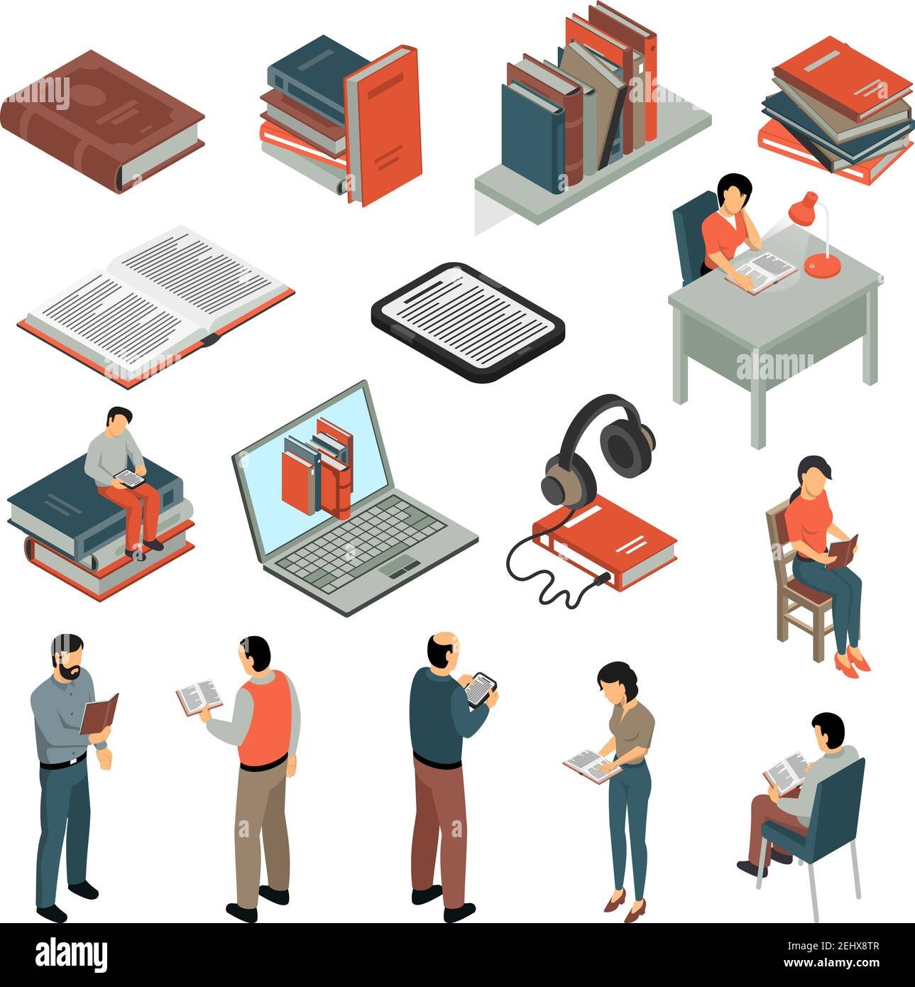 Book reading isometric set with electronic book headphones shelves of ...