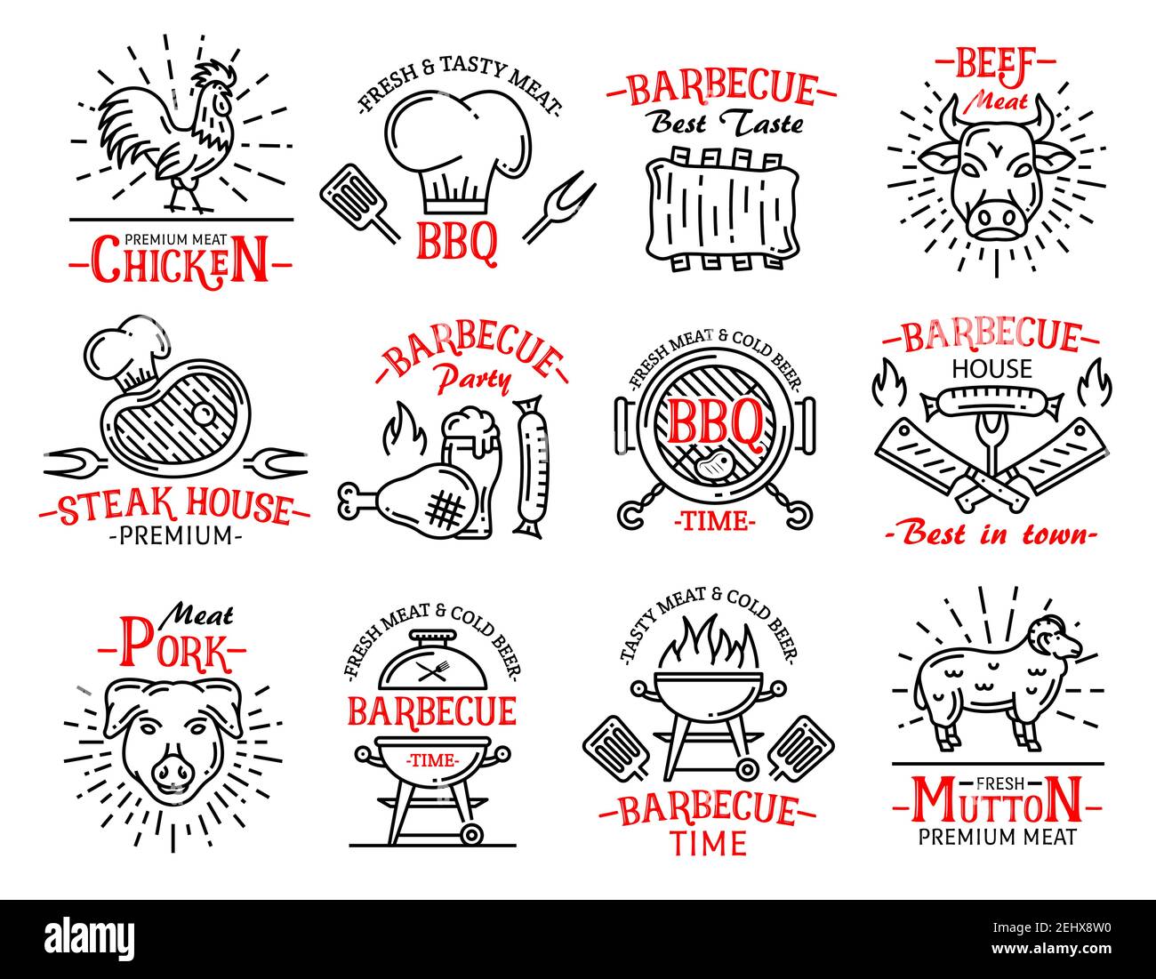 Barbecue icons and signs in line art style. Meat products chicken and ...