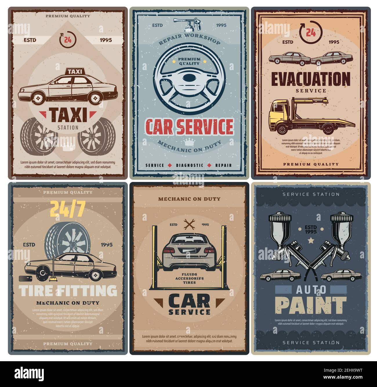 Car service retro posters for repair and taxi, evacuation and tire ...