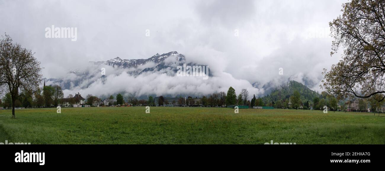 Switzerland, Interlaken, panoramic view of the city and the mountains ...