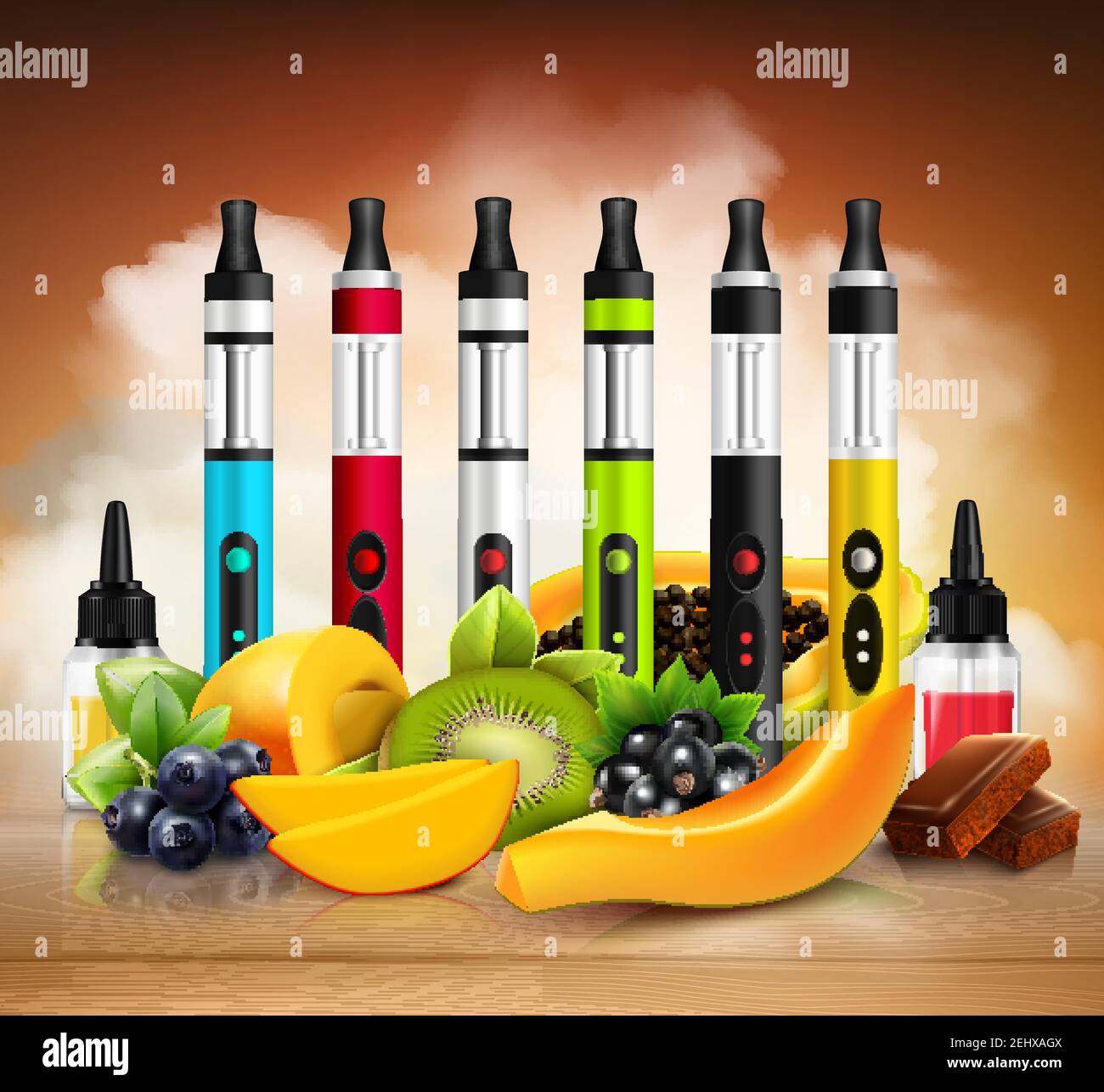 Colorful vaping electronic cigarettes and various fruit on wooden ...