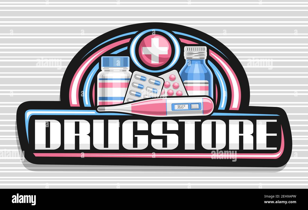 Vector banner for Drugstore, black decorative sign board with unique ...