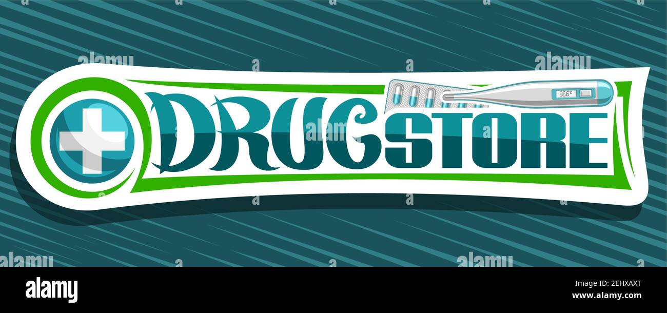 Vector banner for Drug Store, white decorative sign board with unique ...