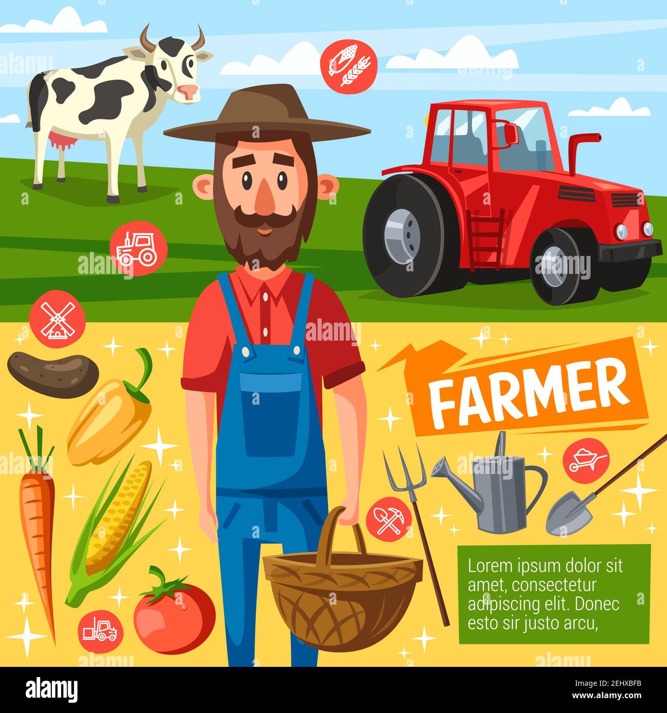 Farm poster with farmer holding basket and harvest with cow near ...
