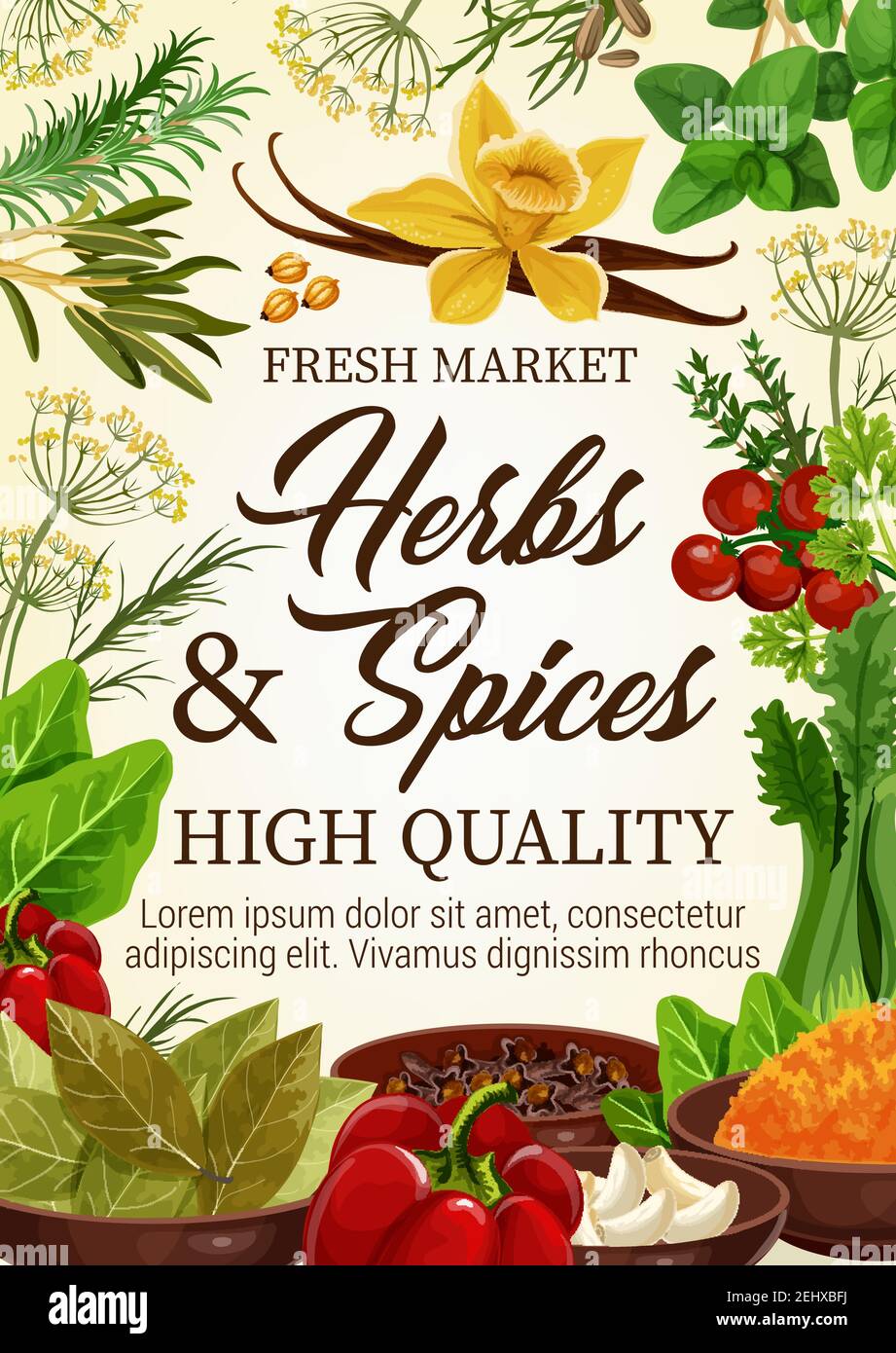 Herbs and spices farm market vector poster, natural culinary ...