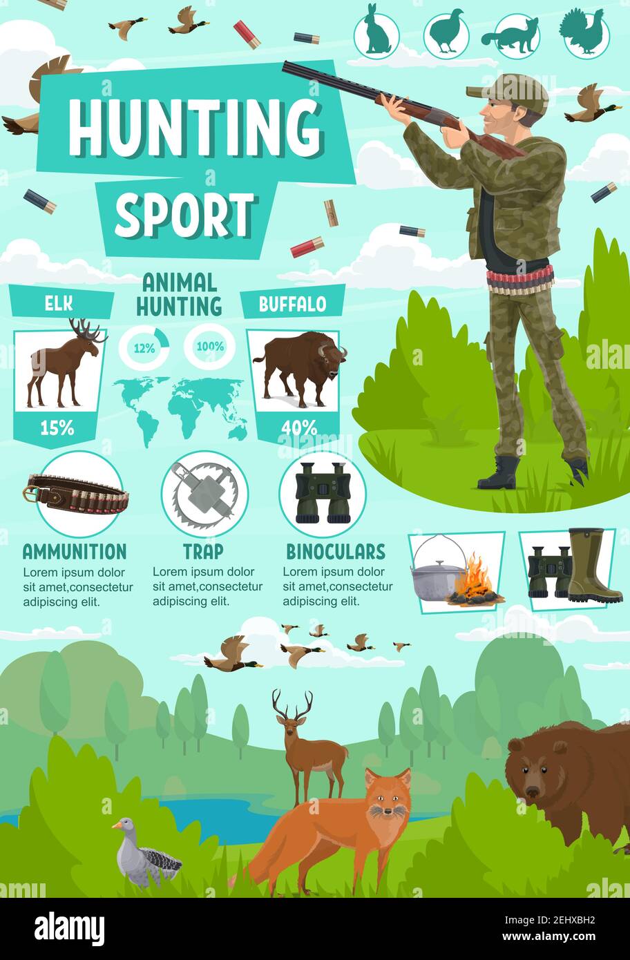 Hunter with rifle on hunting sport poster for hunt season. Huntsman ...