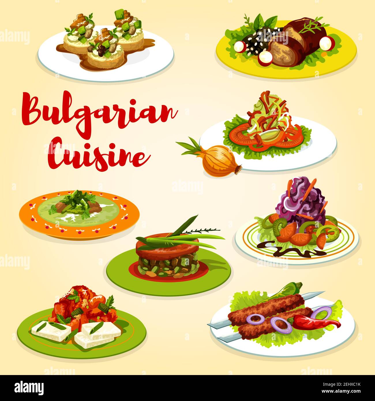 Bulgarian cuisine vegetable, seafood and grilled meat dishes. Vector ...