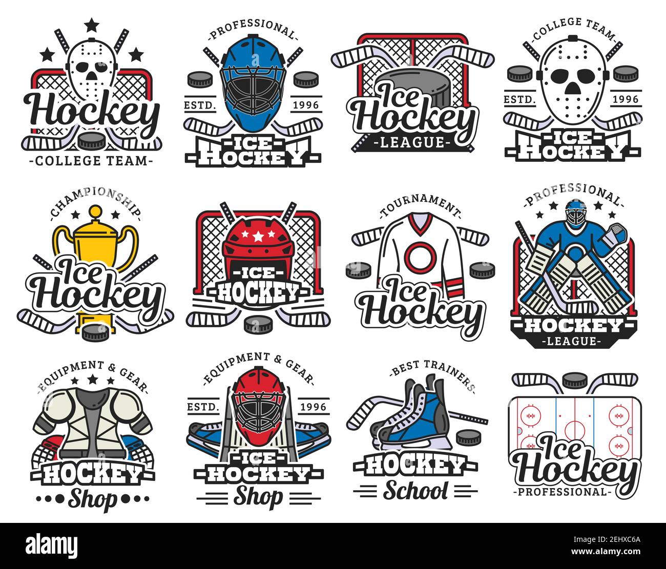 Sport game ice hockey vector icons with sporting items, ice rink. Mask ...