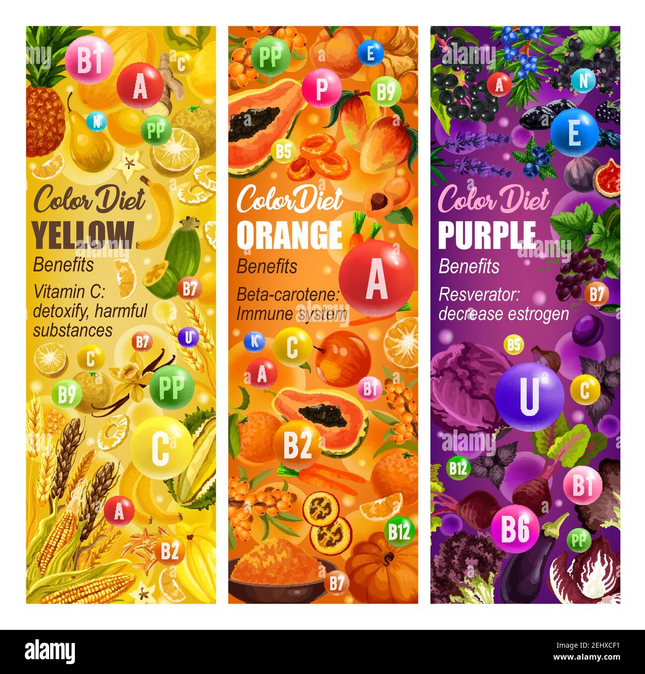 Color diet healthy and vitamin food benefits vector banners with orange ...