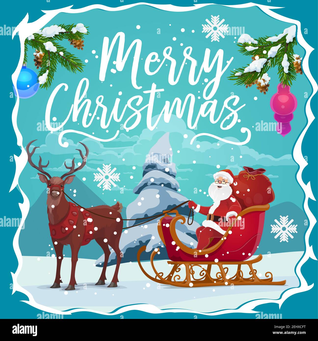 Santa Claus on reindeer sleigh with Christmas gifts red bag greeting ...