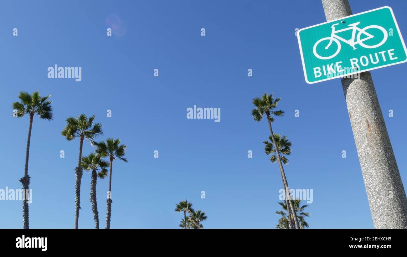 Bike Route green road sign in California, USA. Bicycle lane singpost ...