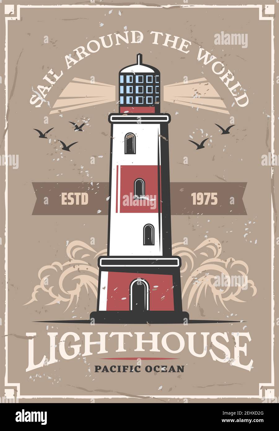 Lighthouse and seagulls on retro poster. Vector nautical adventure and ...
