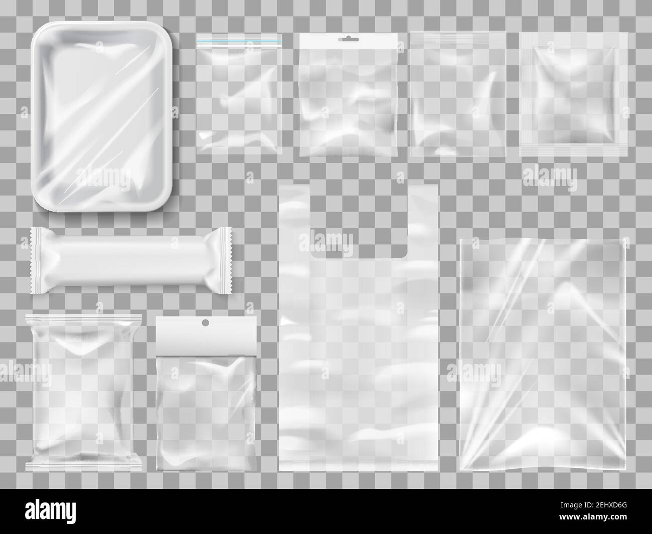 Empty packs, plastic package and vacuum containers mockups for food ...