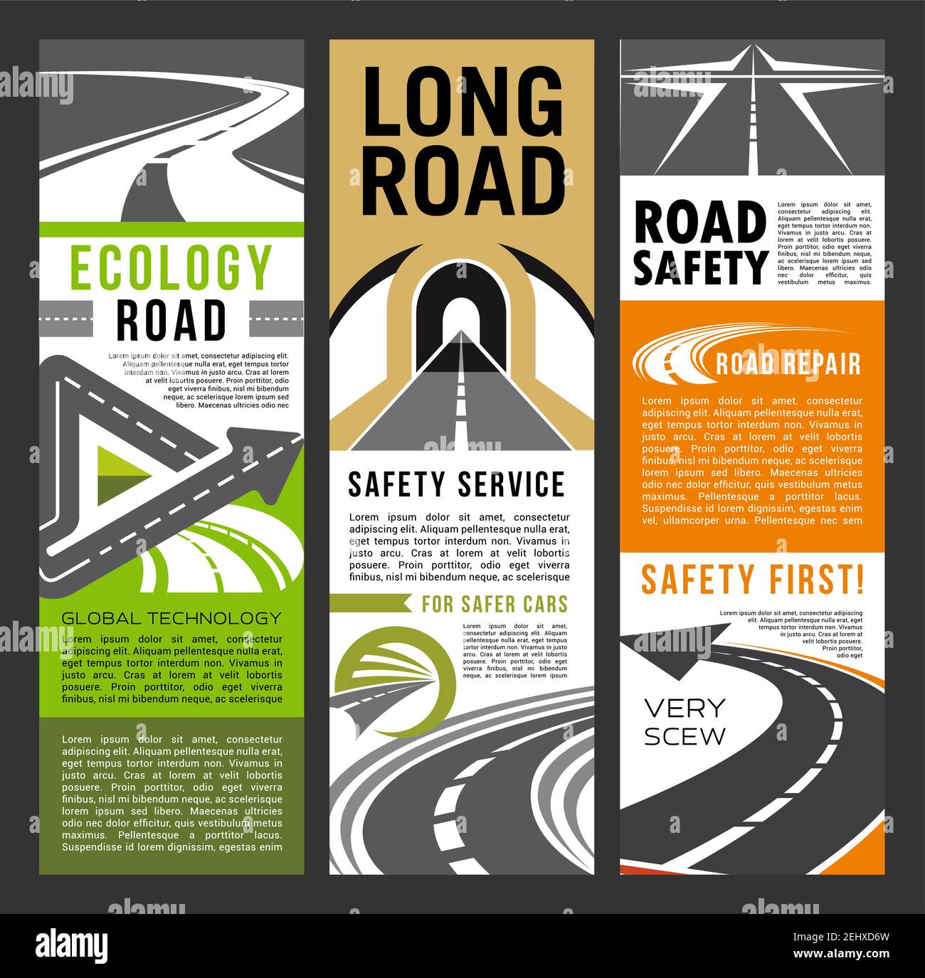 Ecology and safety on road banners. Safe trip brochure with text for ...