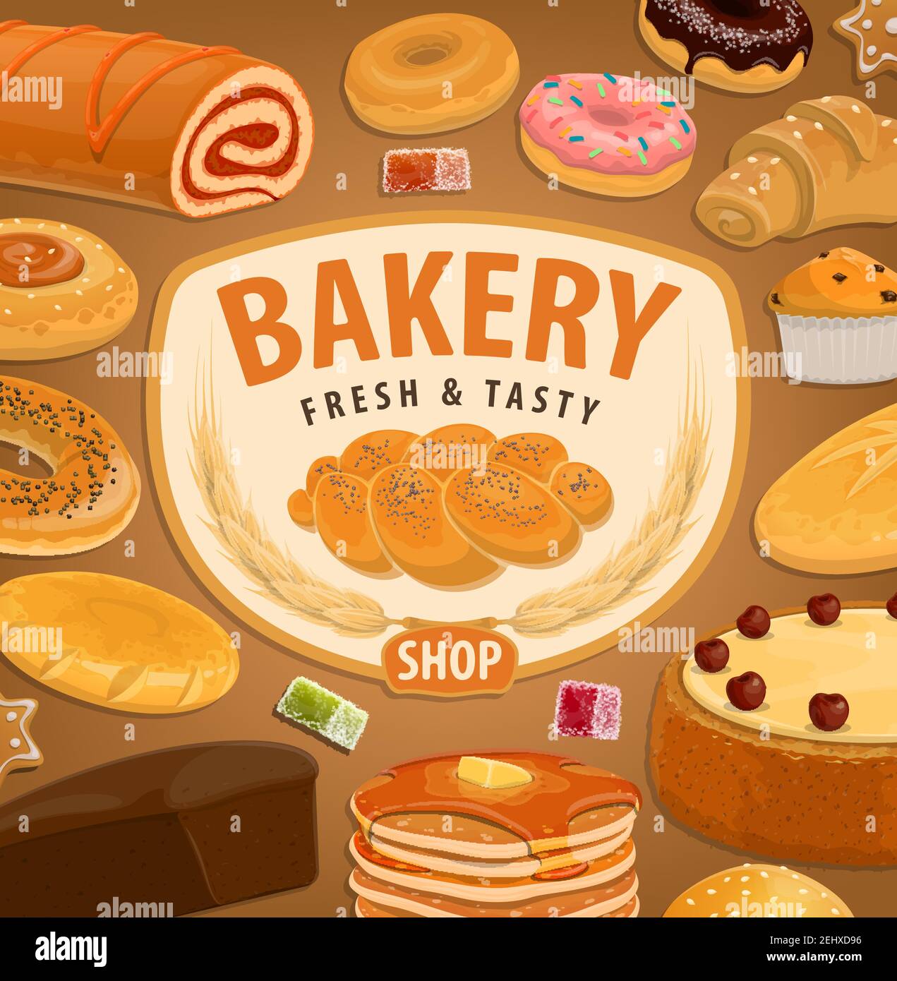 Bakery and pastry food vector products of wheat bread, croissant and ...