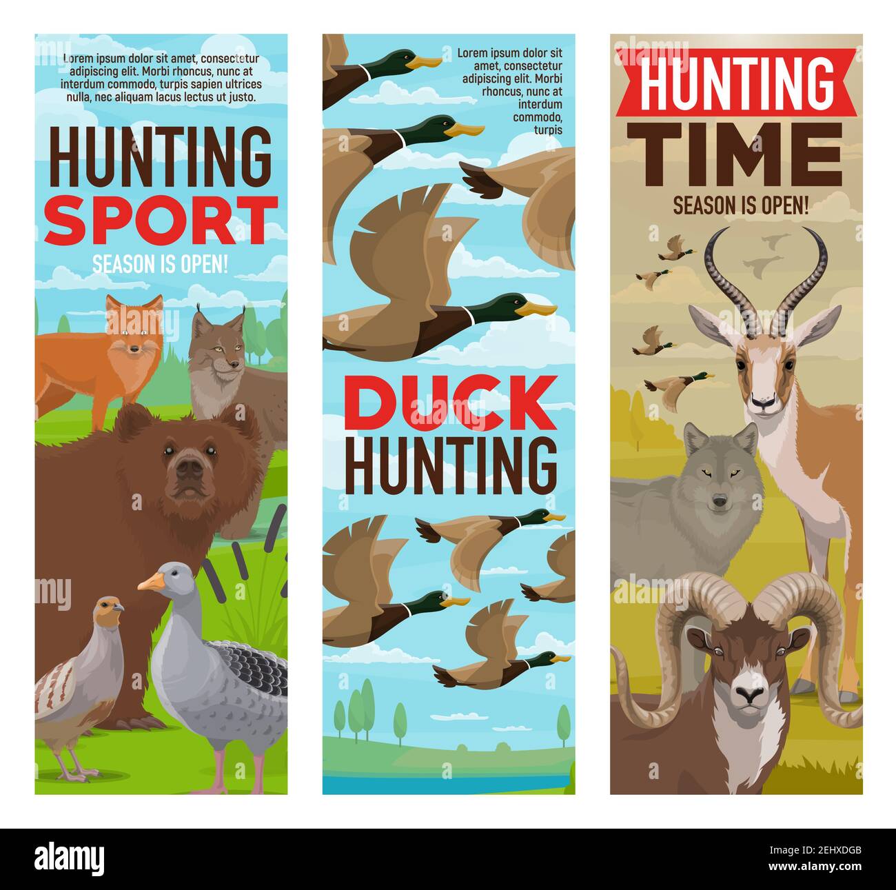 Hunting sport banners, vector wild animals and birds. Bear and fox ...