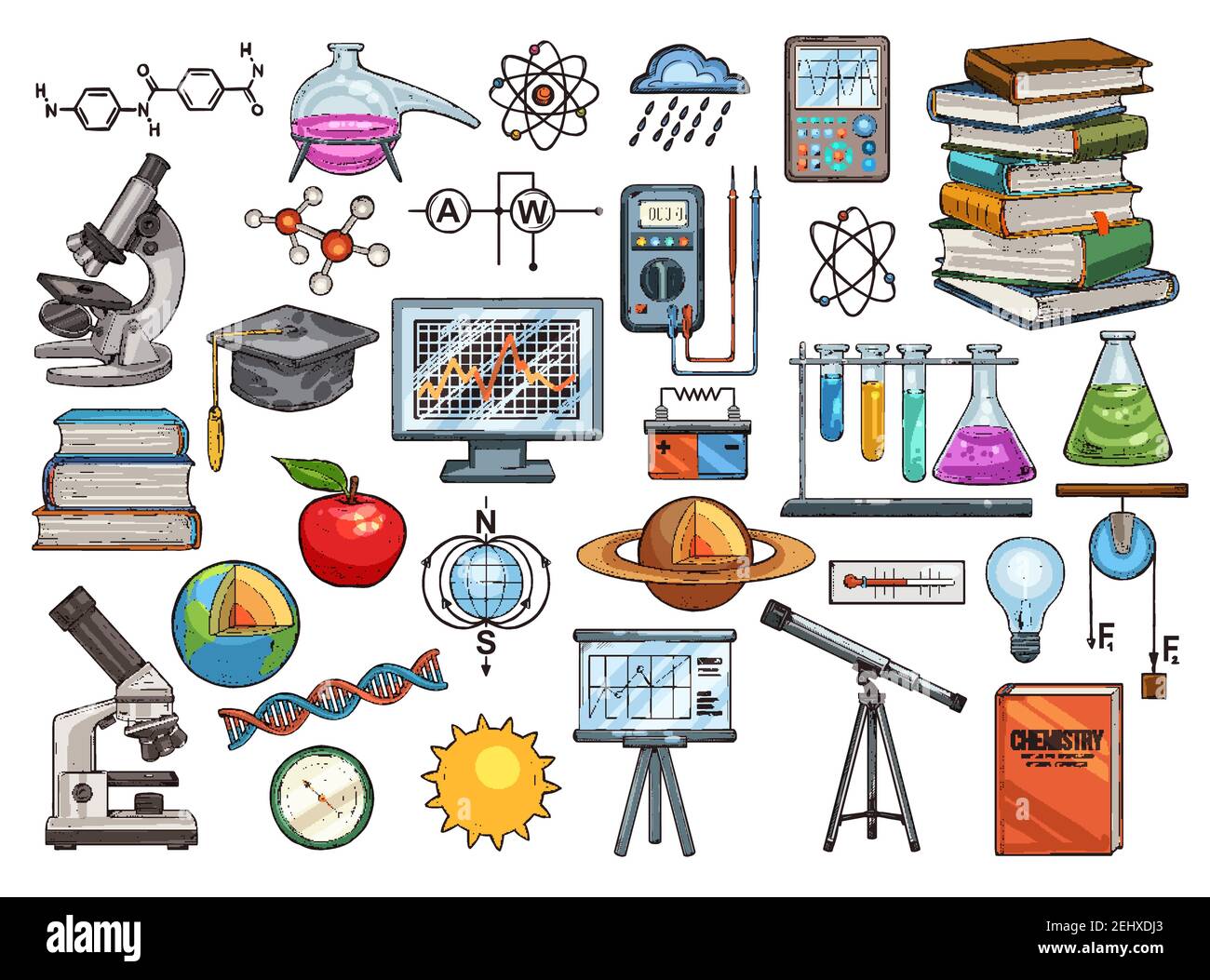 Vector education and science sketch icons. Chemical formula and flasks ...