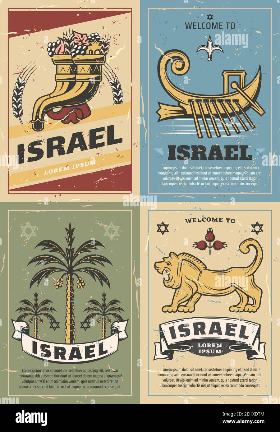 Welcome to Israel travel poster with jewish religion symbols. Star of ...