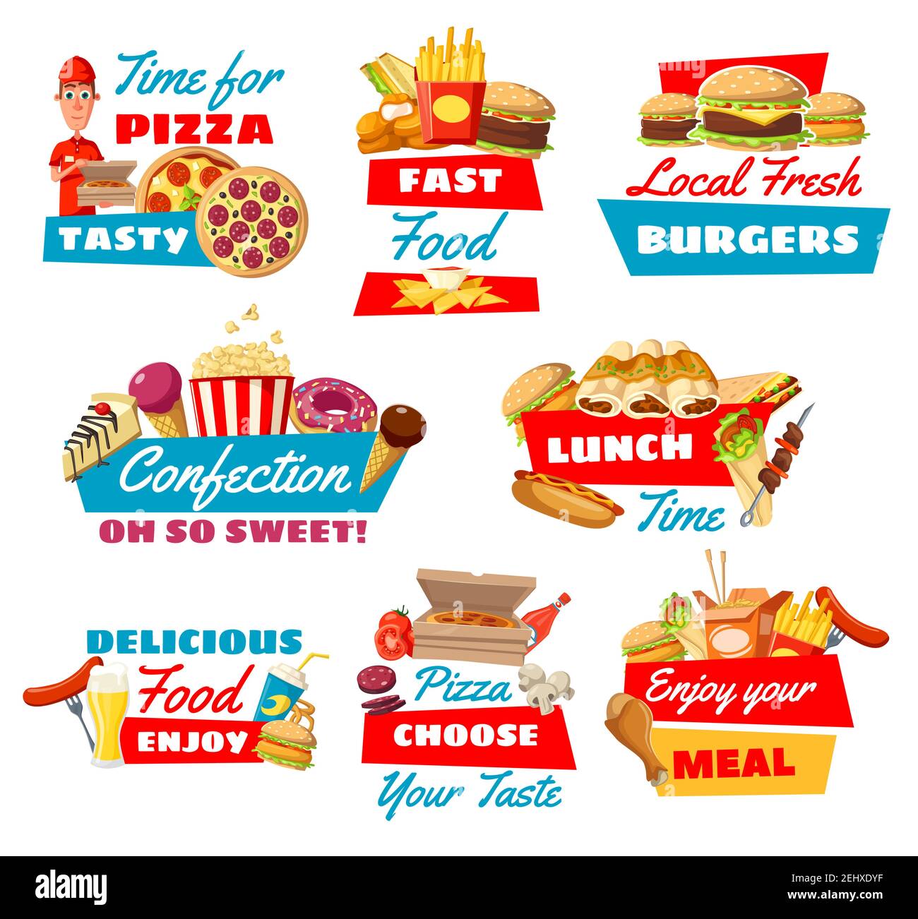 Fast food vector symbols with pizza, cheeseburger and hamburger ...