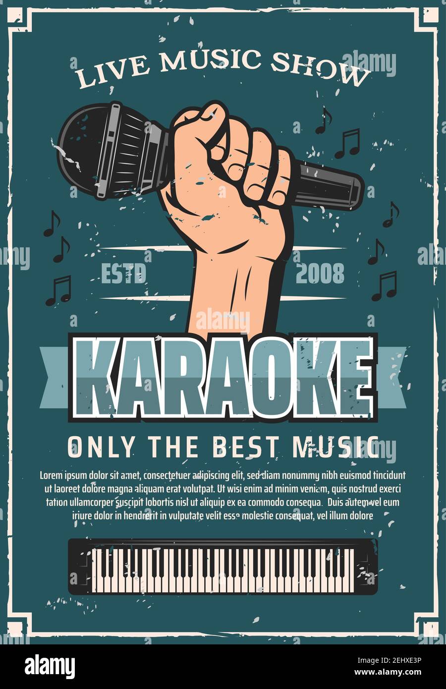 Karaoke party invitation retro poster with microphone in hand and piano. Live classical music ...