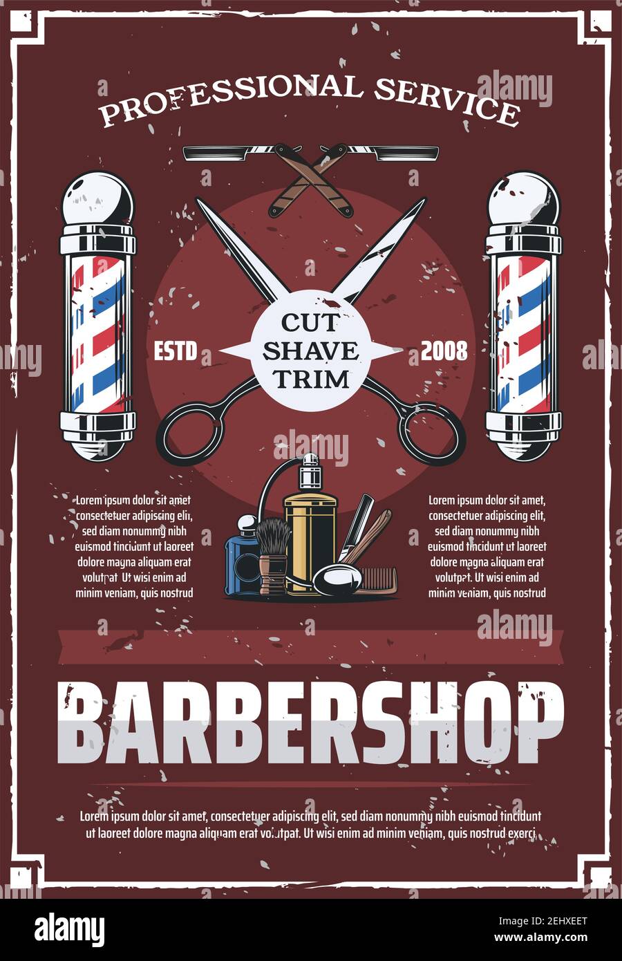 Male salon barbershop vector retro poster with tools to trim, shave and ...