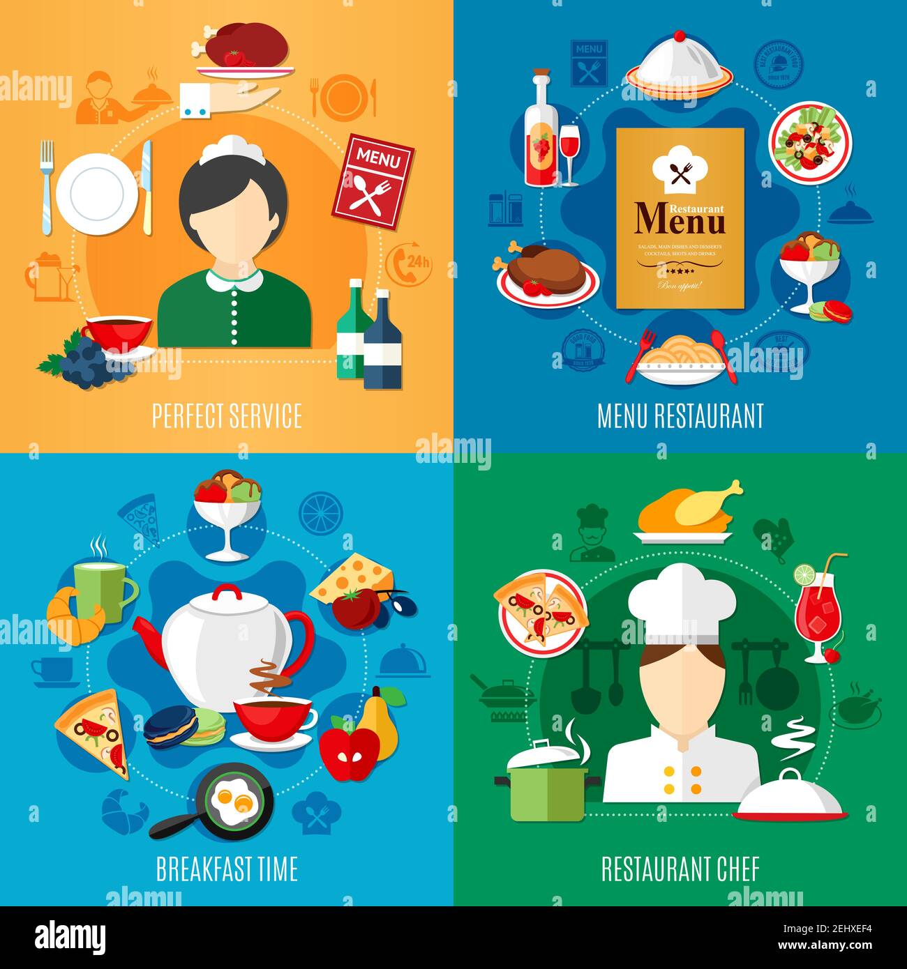 Restaurant menu and staff 2x2 design concept isolated on colorful ...