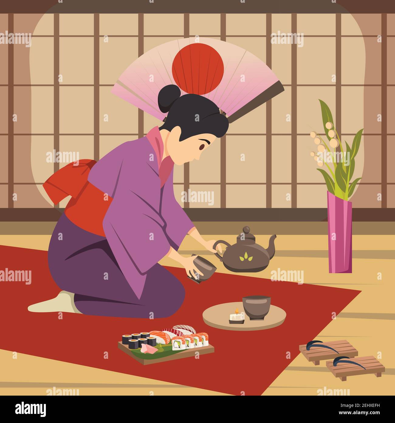 Japanese traditional tea ceremony ritual performed by woman on floor ...