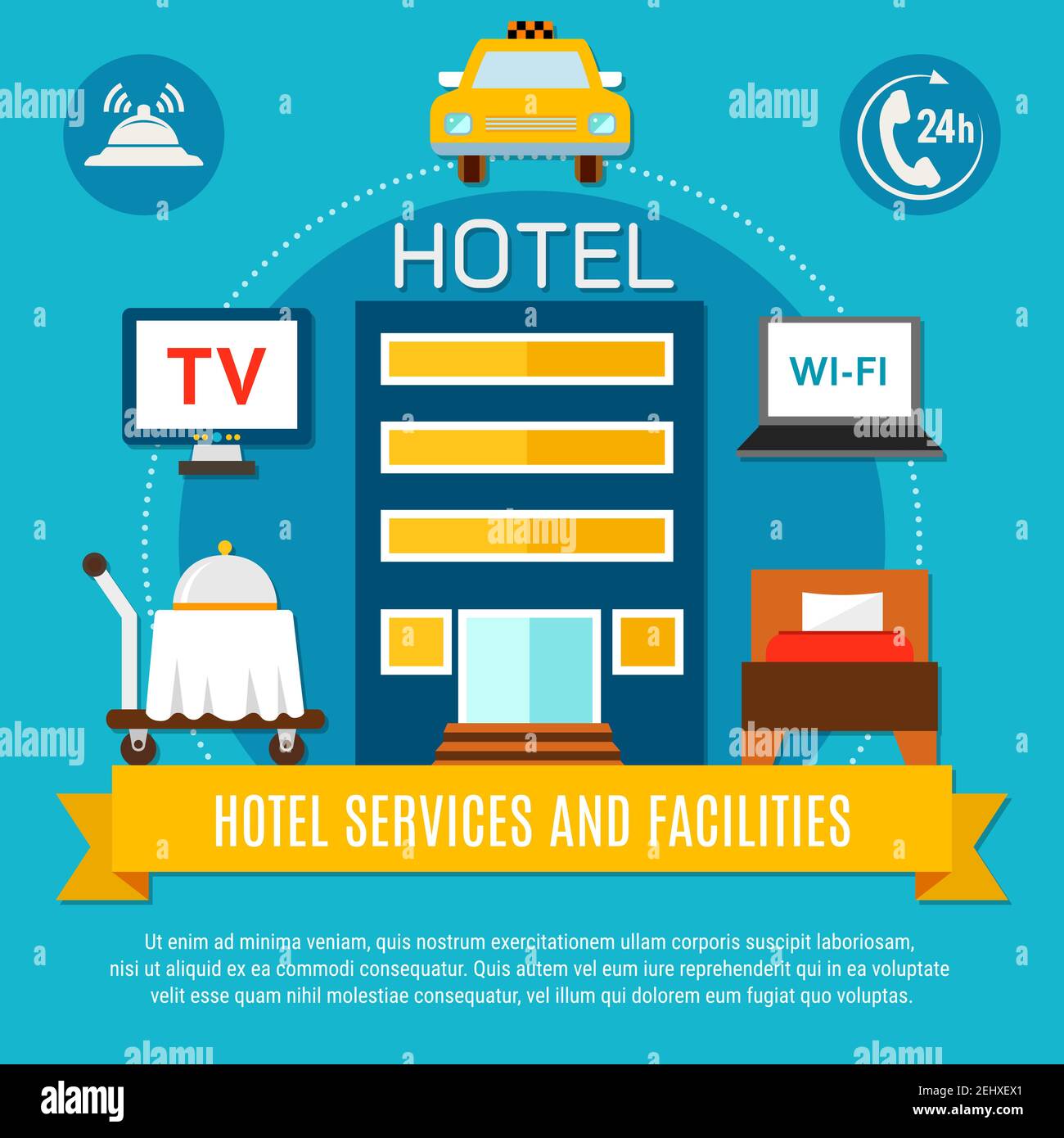 Hotel services and facilities vector illustration with abstract modern ...