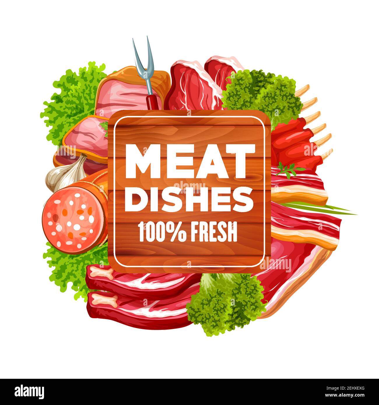 Meat food vector frame of beef steak, pork sausage and ham, bacon, ribs ...